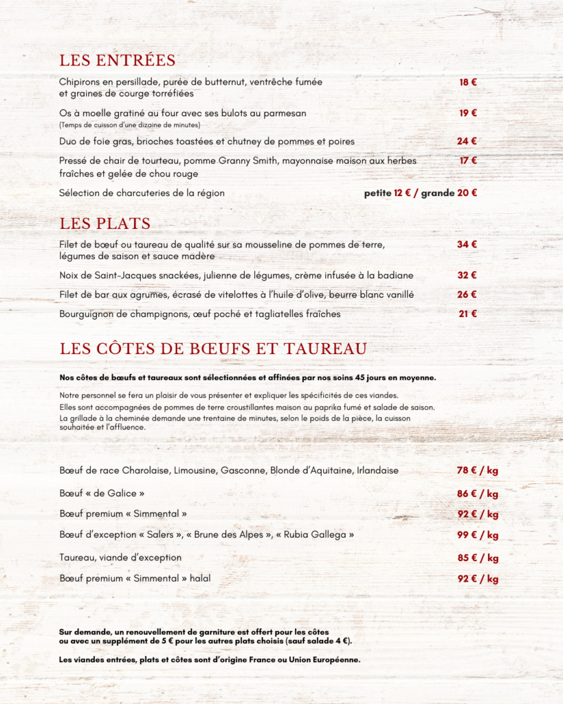 La carte - Restaurant Auberge 22