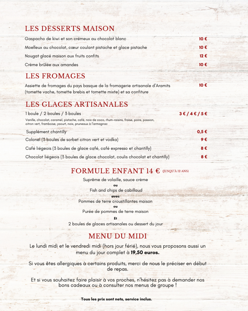La carte - Restaurant Auberge 22
